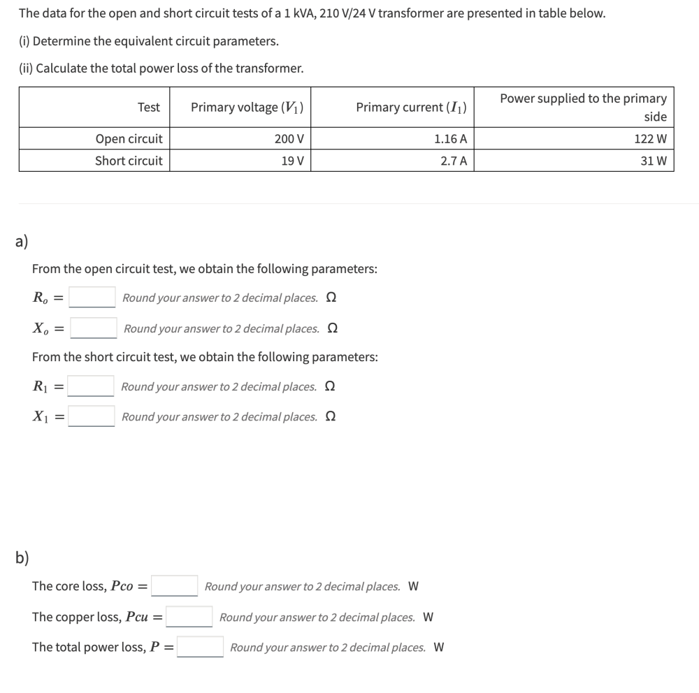 Solved The data for the open and short circuit tests of a 1 | Chegg.com