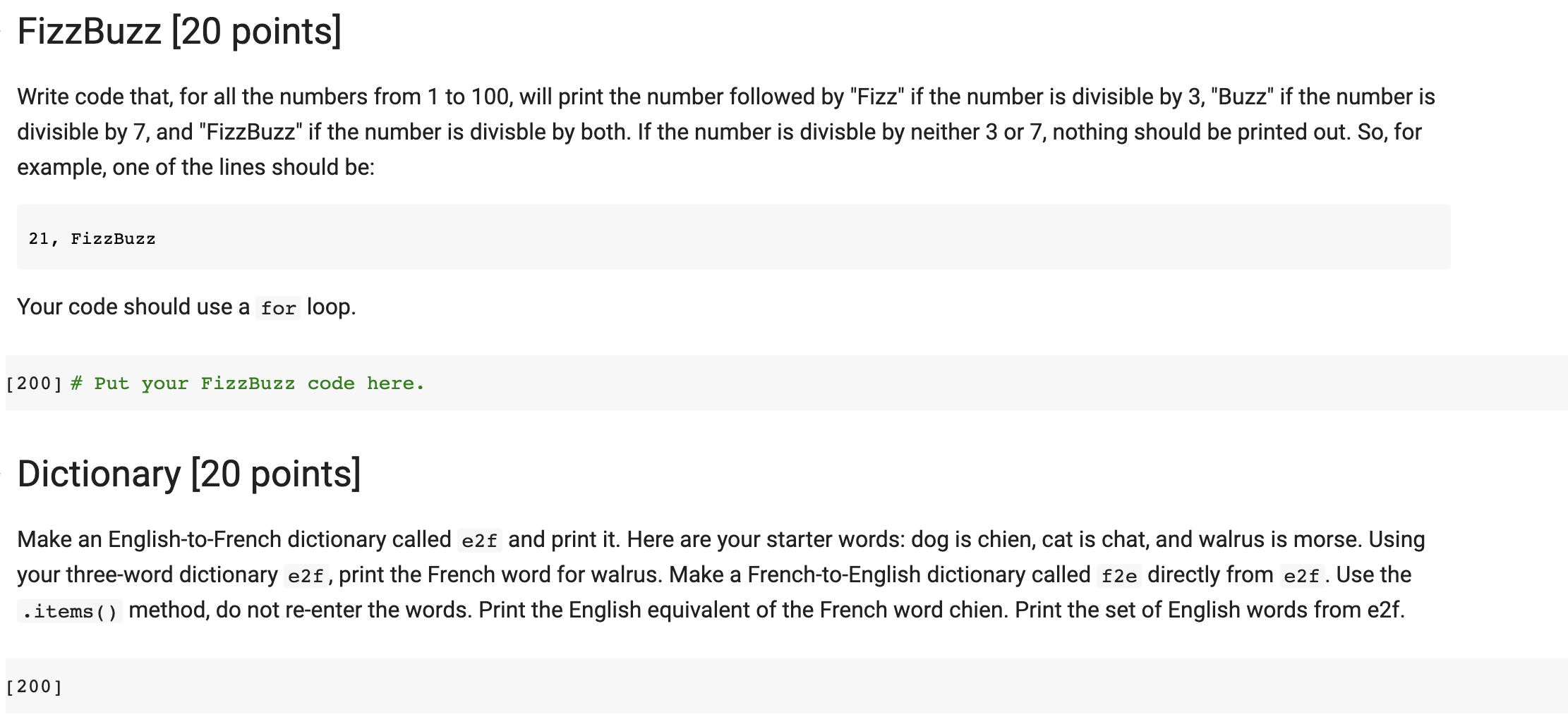 Solved FizzBuzz [20 points] Write code that, for all the | Chegg.com