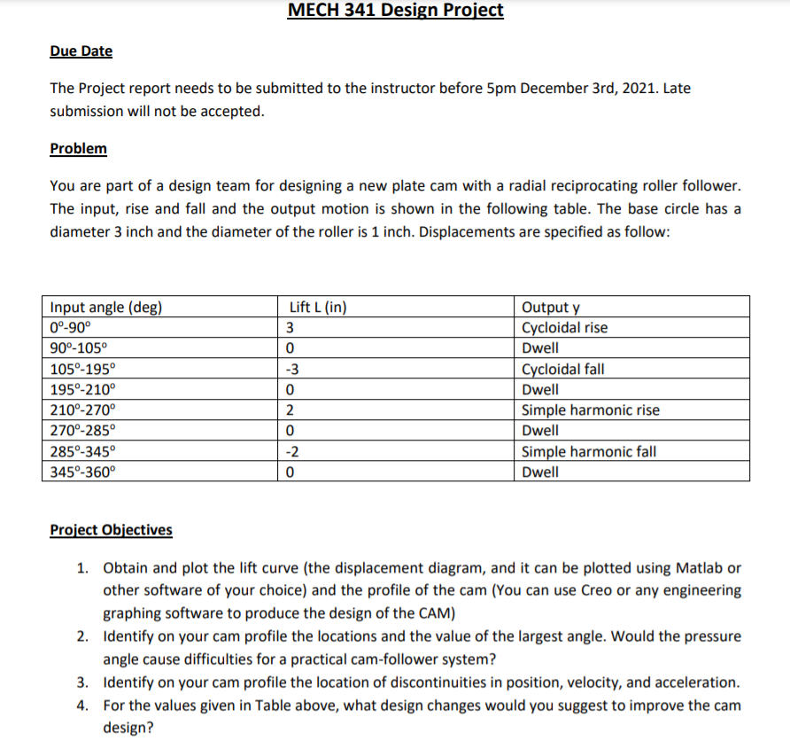 MECH 341 Design Project Due Date The Project report | Chegg.com