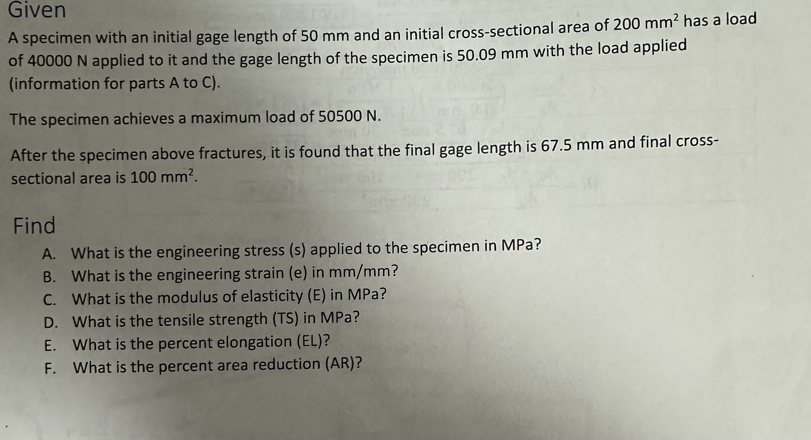 Solved GivenA specimen with an initial gage length of 50 ﻿mm | Chegg.com