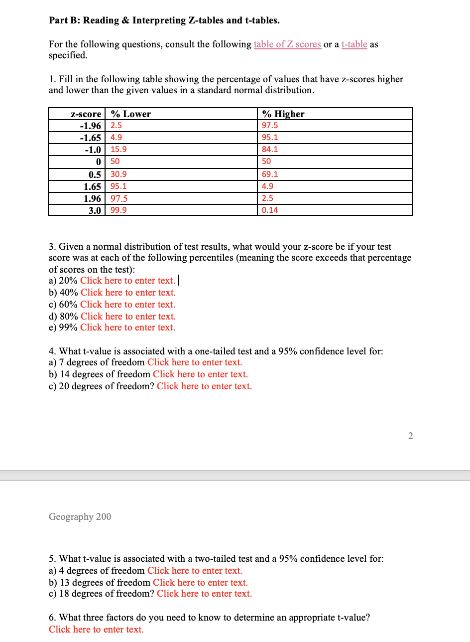 Solved Part B: Reading & Interpreting Z-tables and t-tables. | Chegg.com