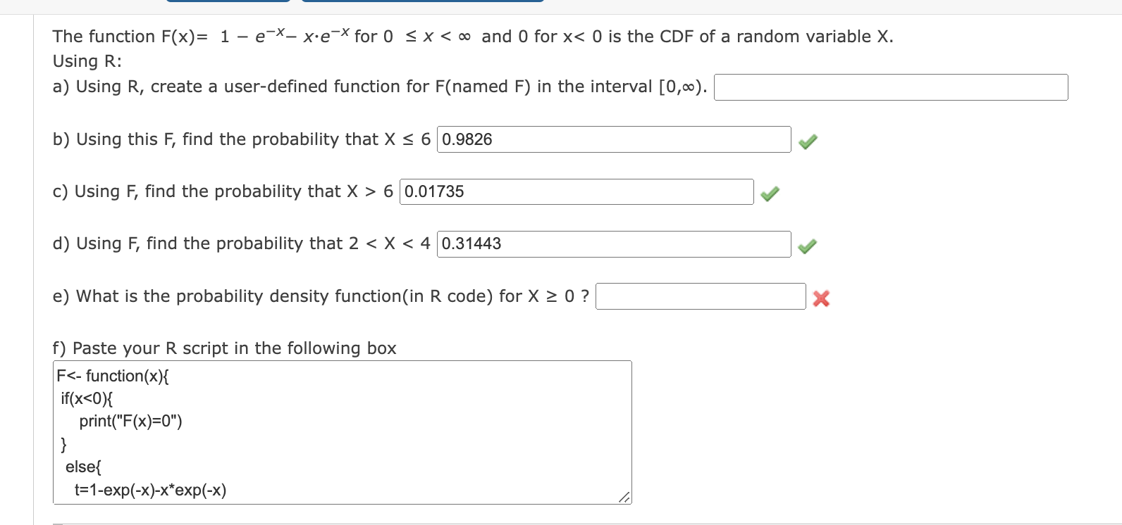 The function F(x)=1−e−x−x⋅e−x for 0≤x
