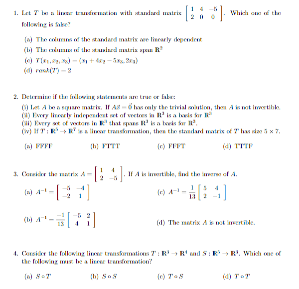 Solved 14 1. Let T be a lincar transformation with standard | Chegg.com