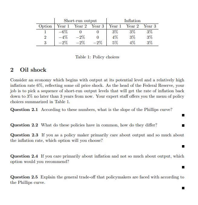 Solved Short-run output Inflation Option Year 1 Year 2 Year | Chegg.com