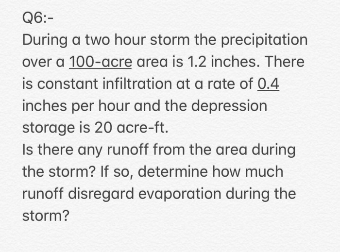 Solved Q6: During a two hour storm the precipitation over a | Chegg.com