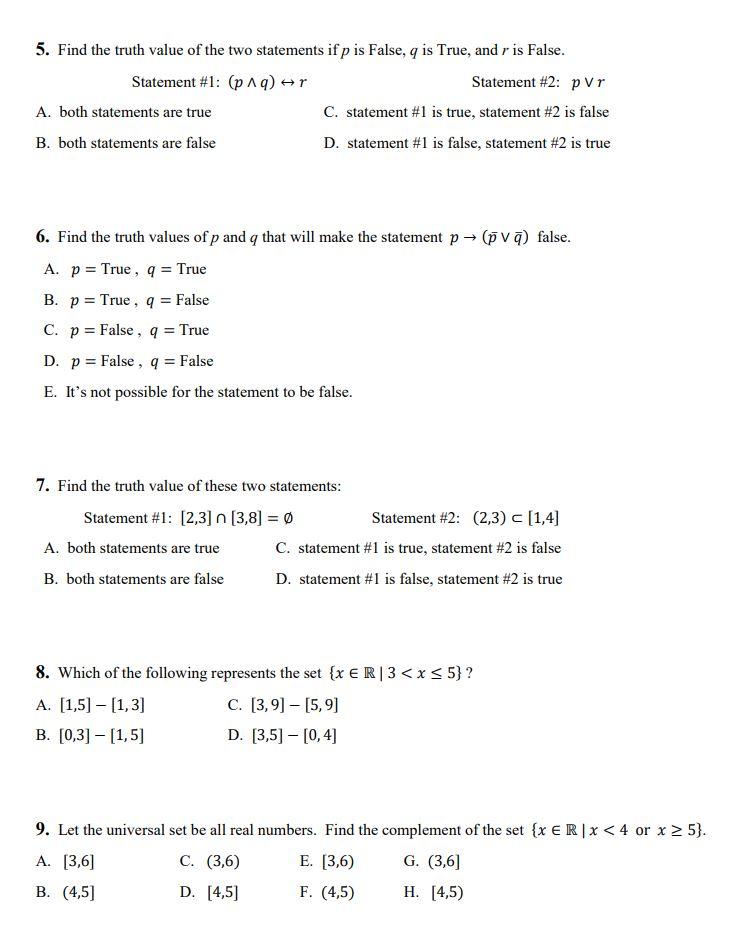 Solved 5. Find the truth value of the two statements if p is | Chegg.com