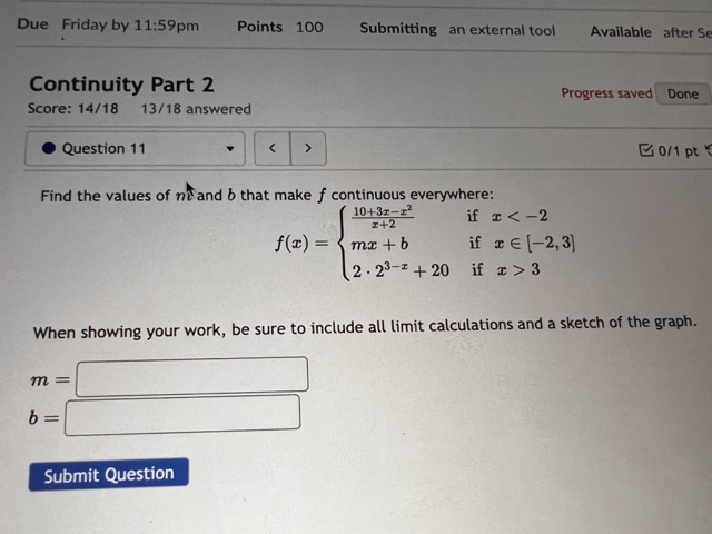 Solved Find the values of m and b that make f continuous | Chegg.com
