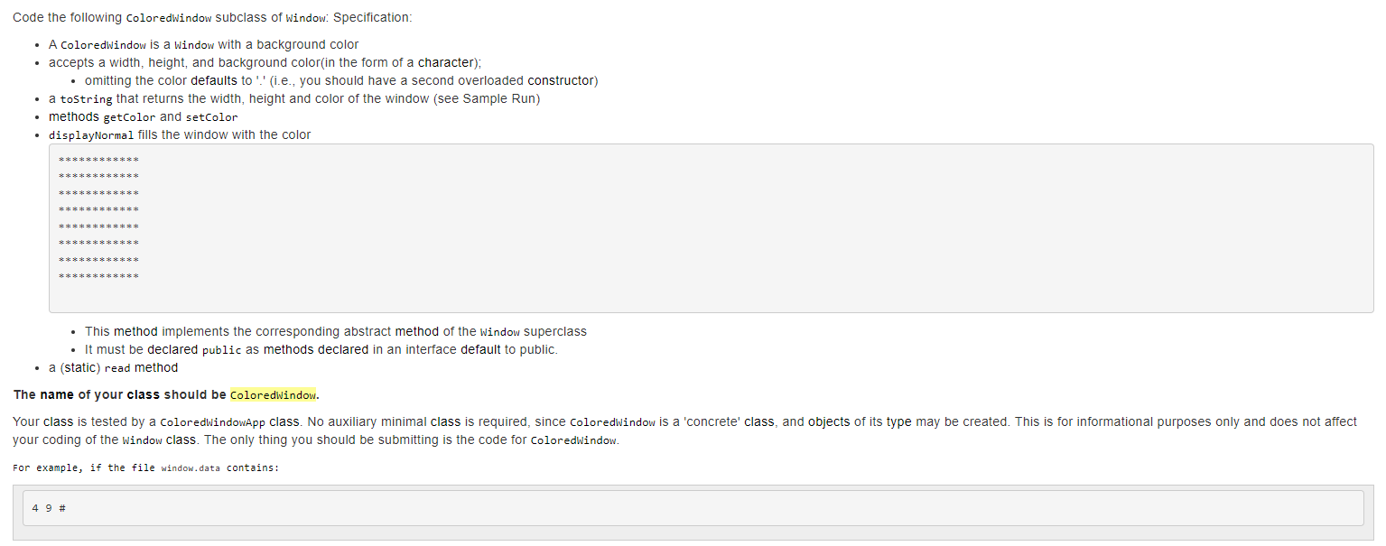 Solved Code the following coloredwindow subclass of Window: | Chegg.com