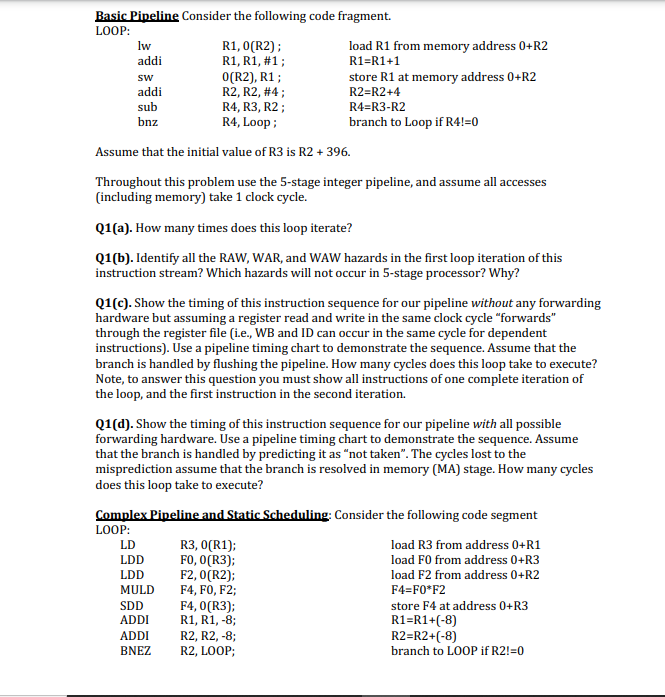 sw Basic Pipeline Consider the following code | Chegg.com