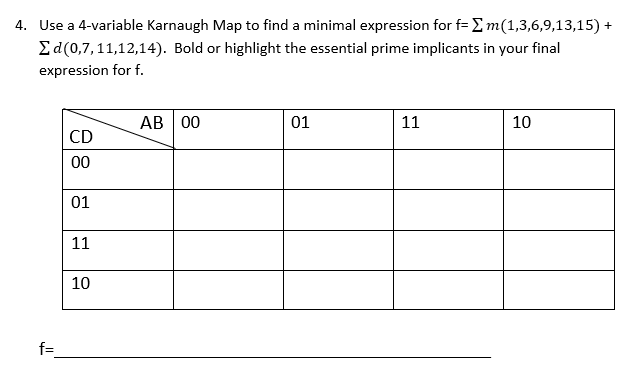 Solved 4. Use a 4-variable Karnaugh Map to find a minimal | Chegg.com