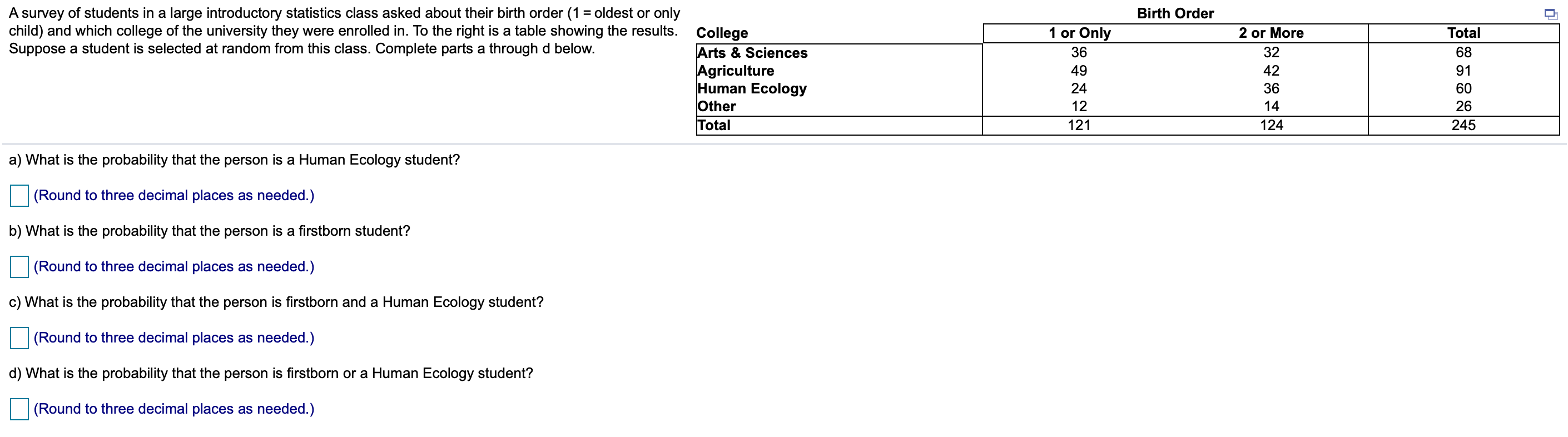 Solved Birth Order П A survey of students in a large | Chegg.com