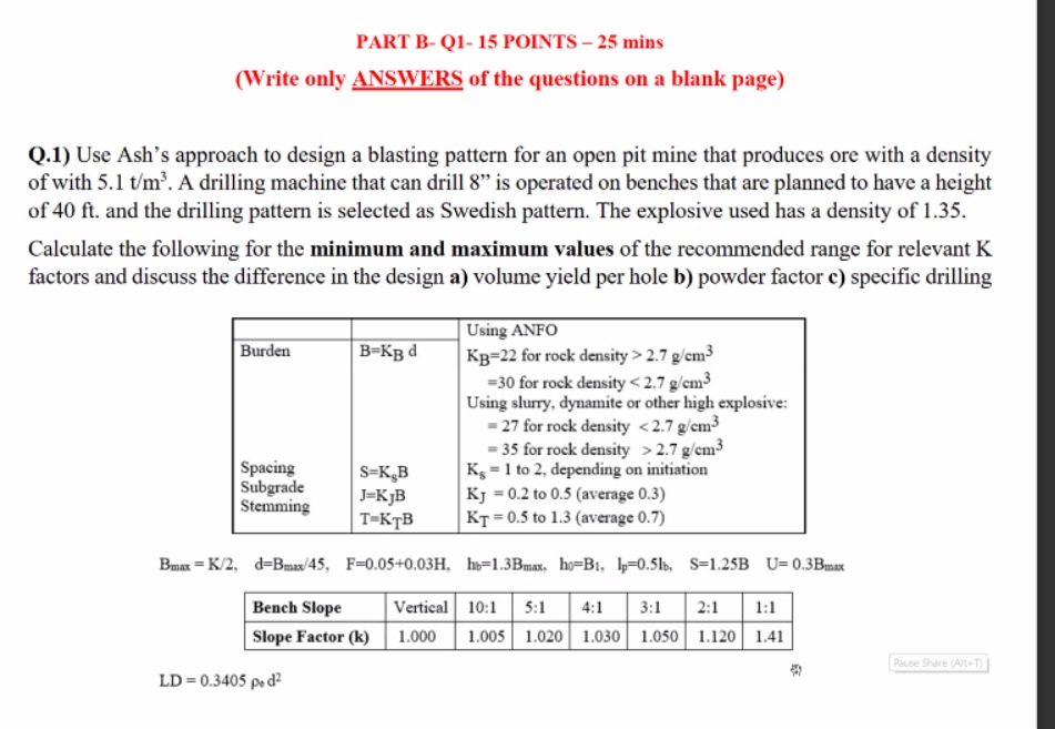 Solved Q.1) Use Ash's approach to design a blasting pattern | Chegg.com