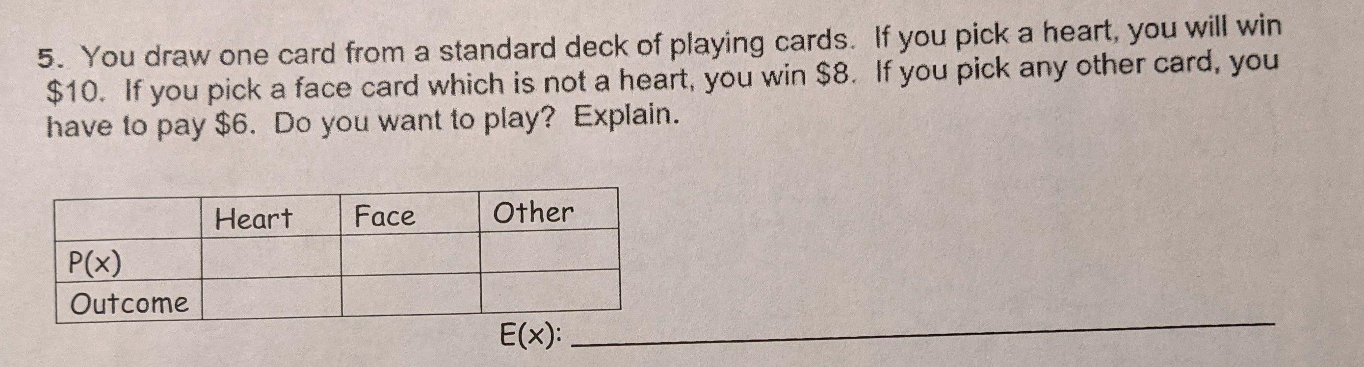 Solved 5. You draw one card from a standard deck of playing | Chegg.com