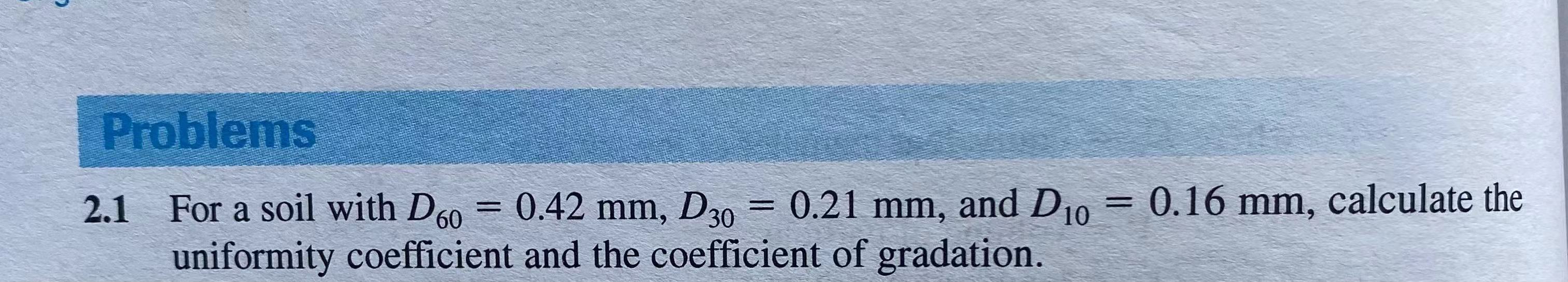 Solved 2.1 For a soil with D60=0.42 mm,D30=0.21 mm, and | Chegg.com