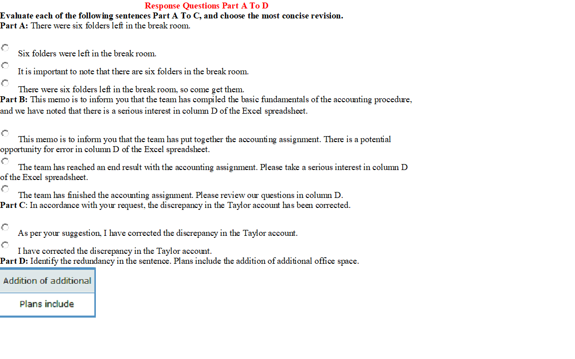 Solved Response Questions Part A To D Evaluate each of the | Chegg.com