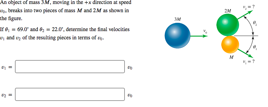 Solved V = ? 2M An object of mass 3M, moving in the +x | Chegg.com