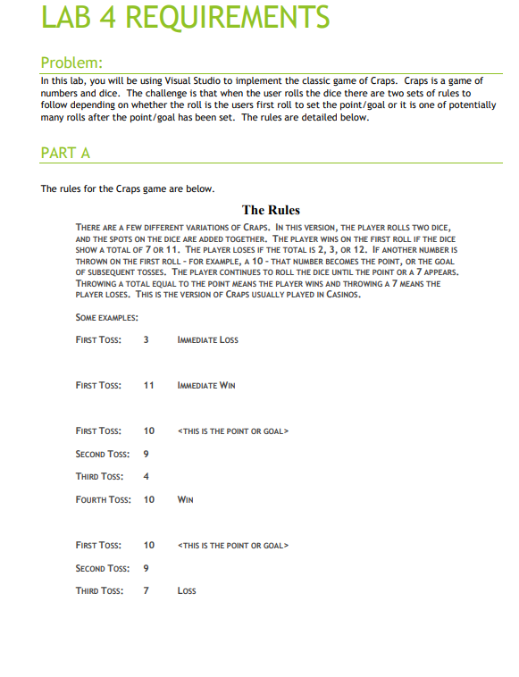 Solved I need to make a game of craps in c# using visual | Chegg.com