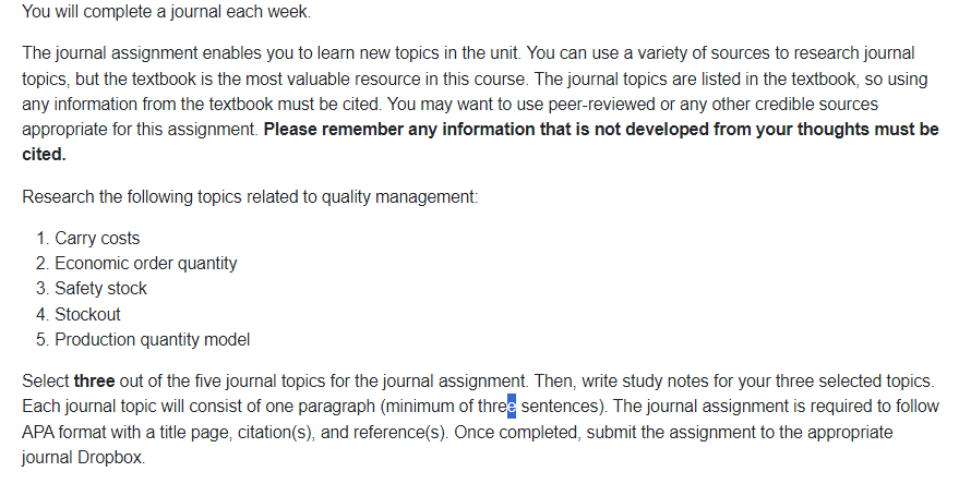 Solved You will complete a journal each week. The journal | Chegg.com