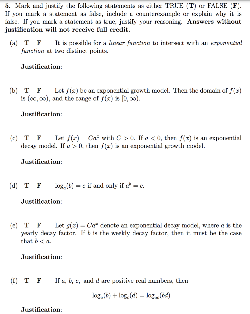 Solved 5. Mark and justify the following statements as | Chegg.com