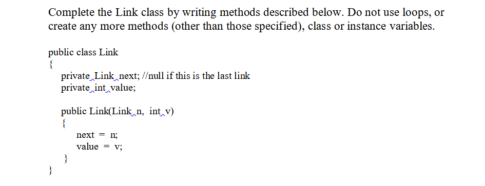 Solved Complete the Link class by writing methods described | Chegg.com