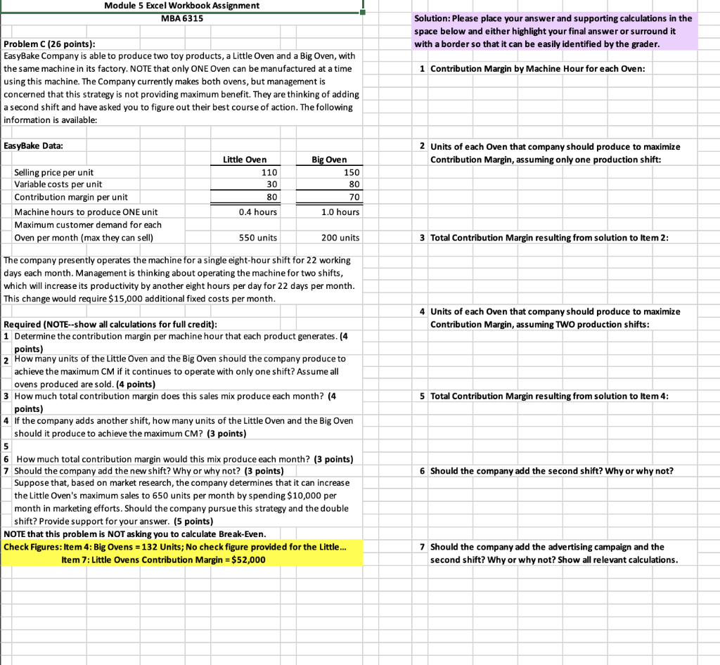 Solved Module 5 Excel Workbook Assignment MBA 6315 Solution: | Chegg.com