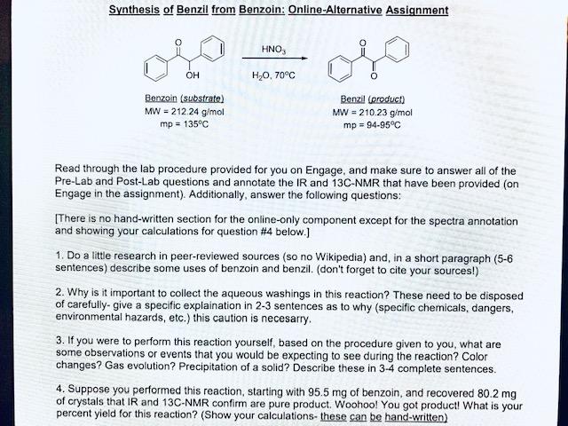 Solved Synthesis of Benzil from Benzoin: Online Alternative | Chegg.com