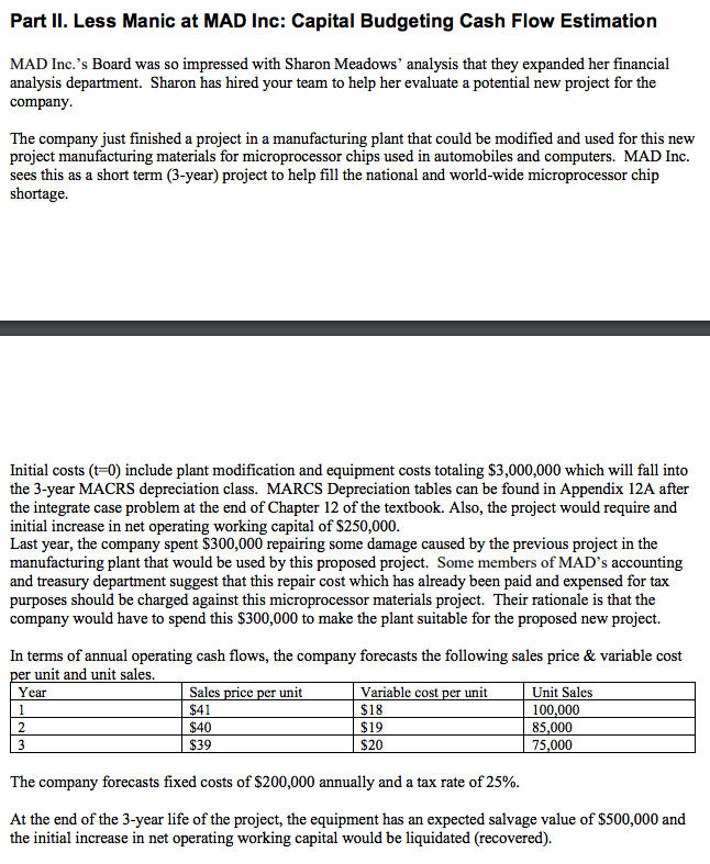 Solved Part II. Less Manic at MAD Inc: Capital Budgeting | Chegg.com