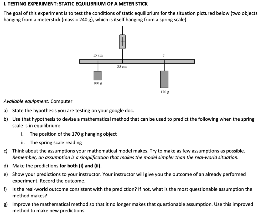 Solved I. TESTING EXPERIMENT: STATIC EQUILIBRIUM OF A METER | Chegg.com