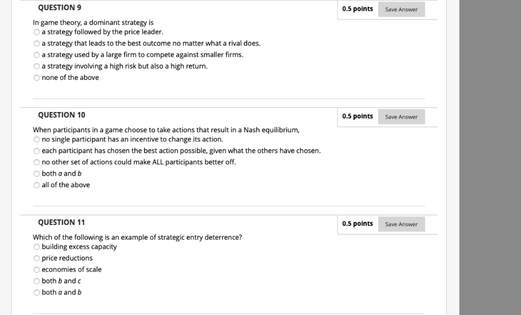 Solved QUESTION 9 0.5 points Save Answer In game theory, a | Chegg.com