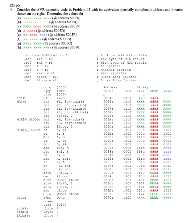 [25 pts] 4. Consider the AVR assembly code in Problem | Chegg.com