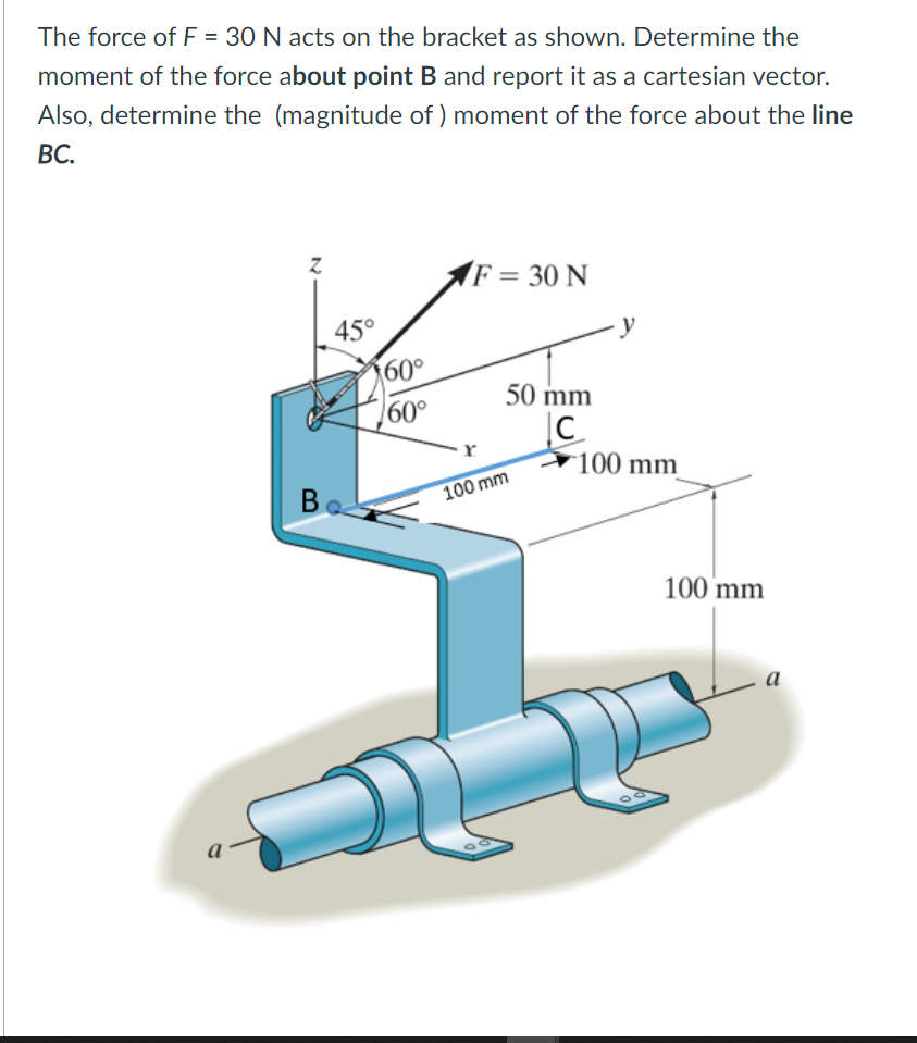 Solved The force of F = 30 N acts on the bracket as shown. | Chegg.com