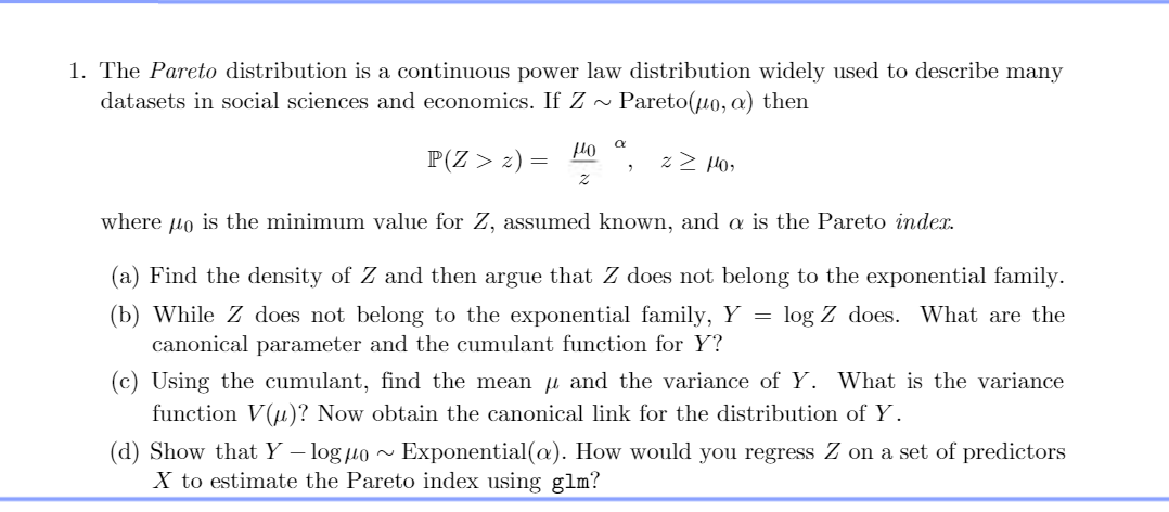 Solved The Pareto distribution is a continuous power law | Chegg.com