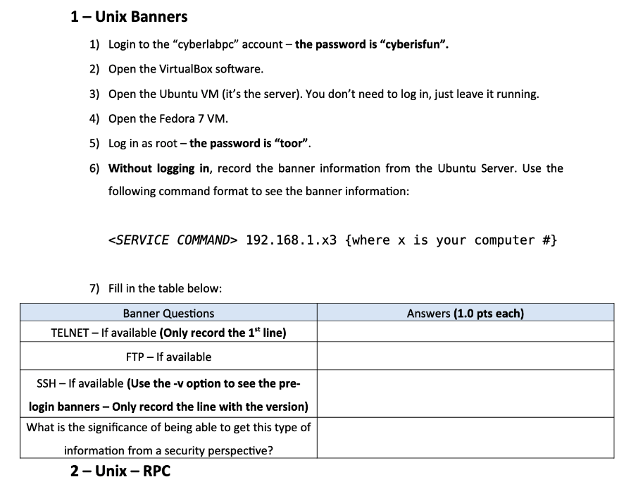 1 - Unix Banners 1) Login to the "cyberlabpc" account | Chegg.com