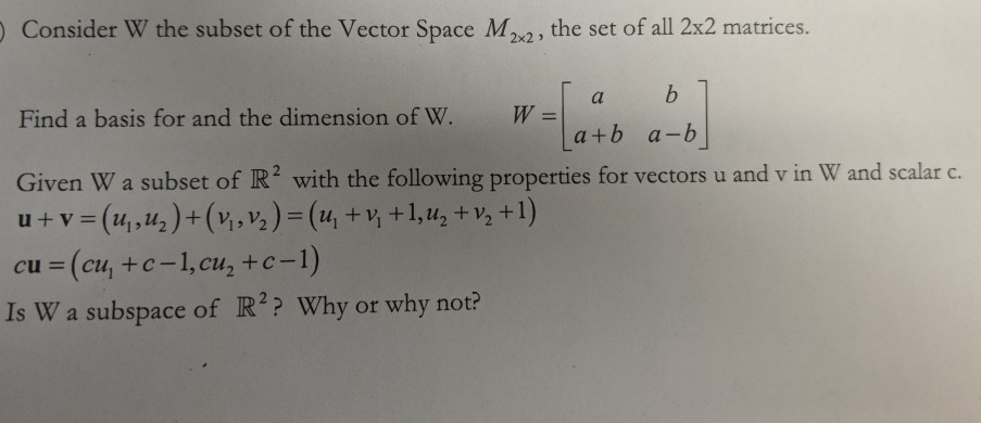 Solved Consider W the subset of the Vector Space M2x2, the | Chegg.com