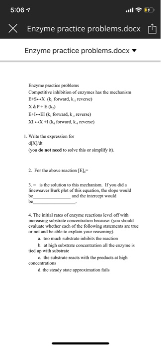Solved 5:06 X Enzyme practice problems.docx Enzyme practice | Chegg.com
