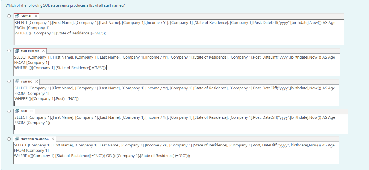 Solved Which of the following SQL statements produces a list | Chegg.com