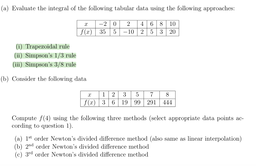 Solved (a) Evaluate the integral of the following tabular | Chegg.com