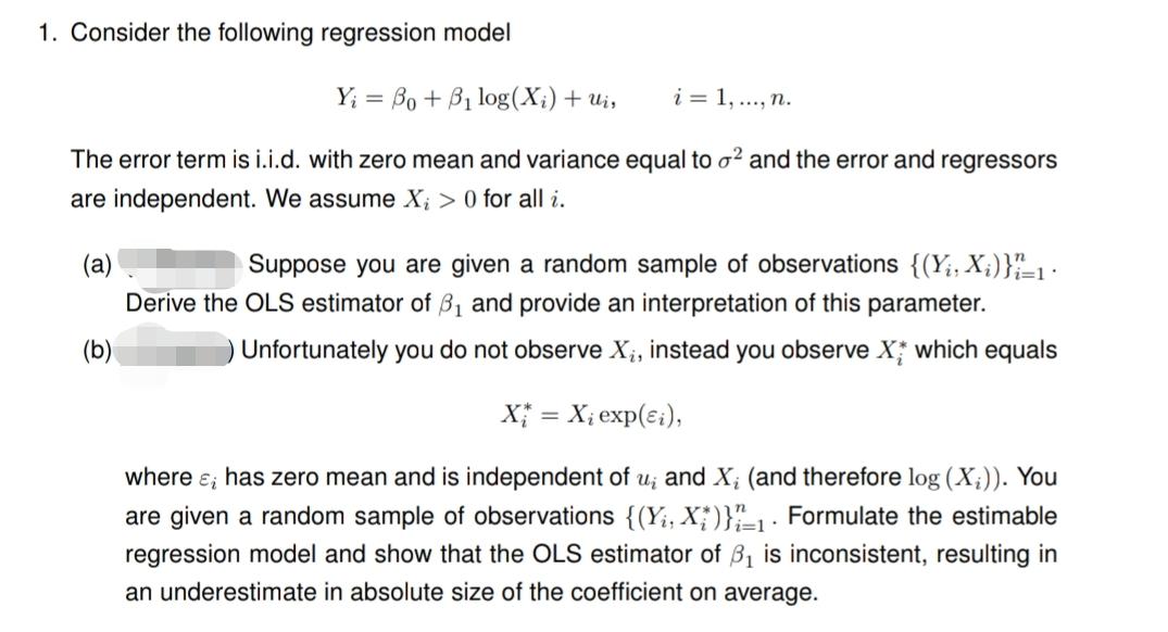 Solved 1. Consider the following regression model Y; = Bo + | Chegg.com