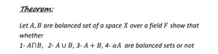 Solved Theorem: Let A, B are balanced set of a space X over | Chegg.com