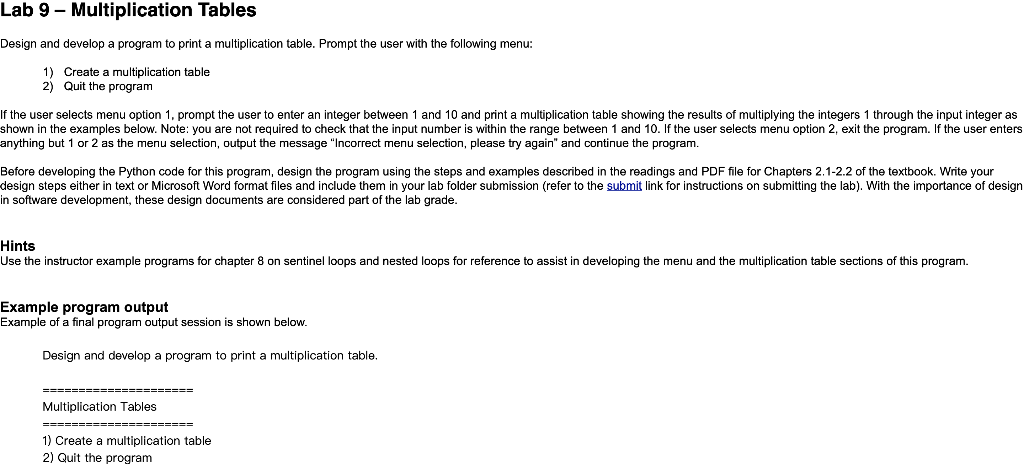 Solved Lab 9 - Multiplication Tables Design and develop a | Chegg.com