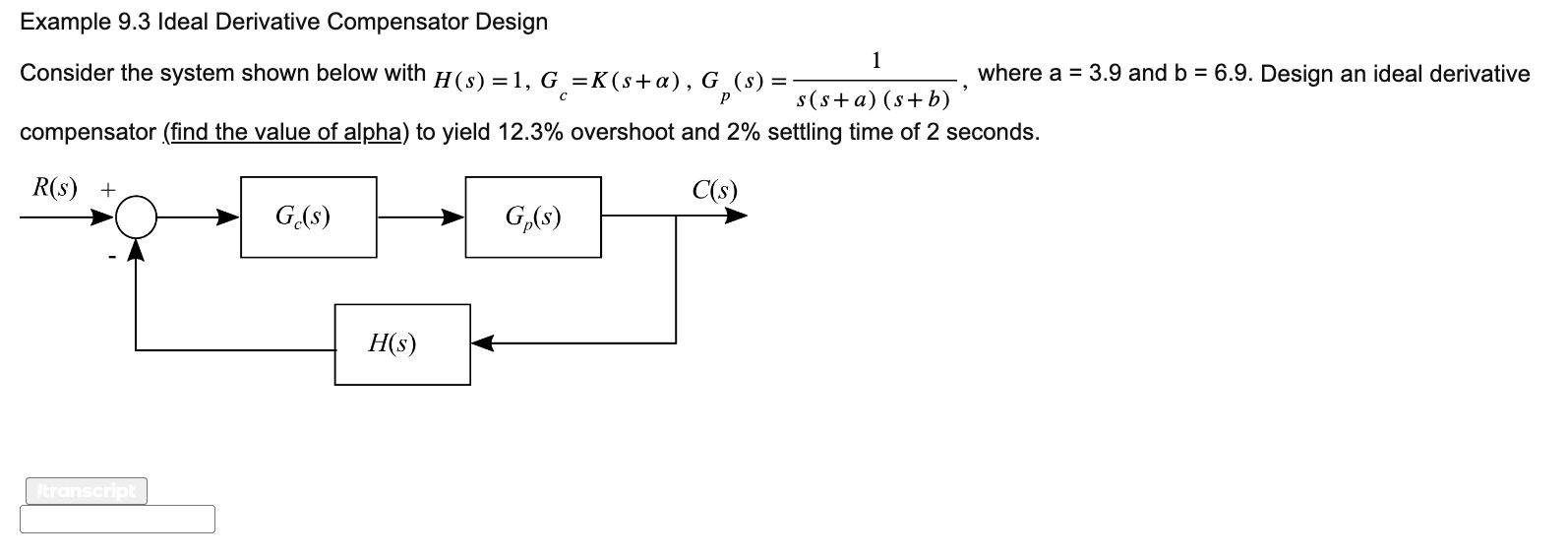 Solved Example 9.3 Ideal Derivative Compensator Design | Chegg.com