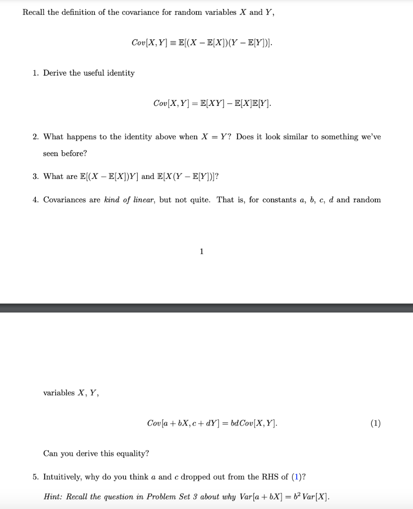 Solved Recall the definition of the covariance for random | Chegg.com