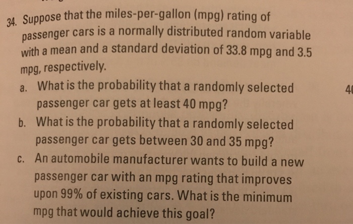 Solved Suppose that the miles-per-gallon (mpg) rating of | Chegg.com