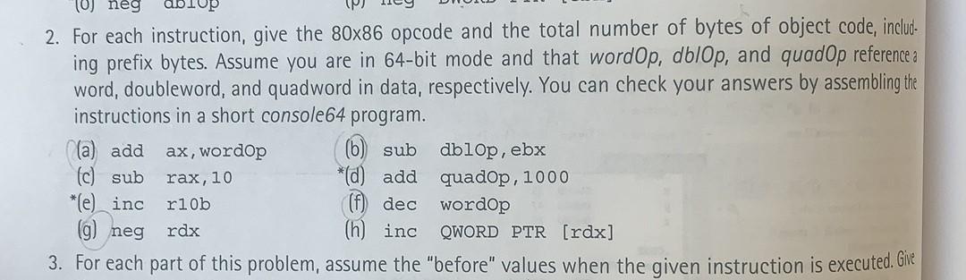 Solved 2. For each instruction, give the 80×86 opcode and | Chegg.com