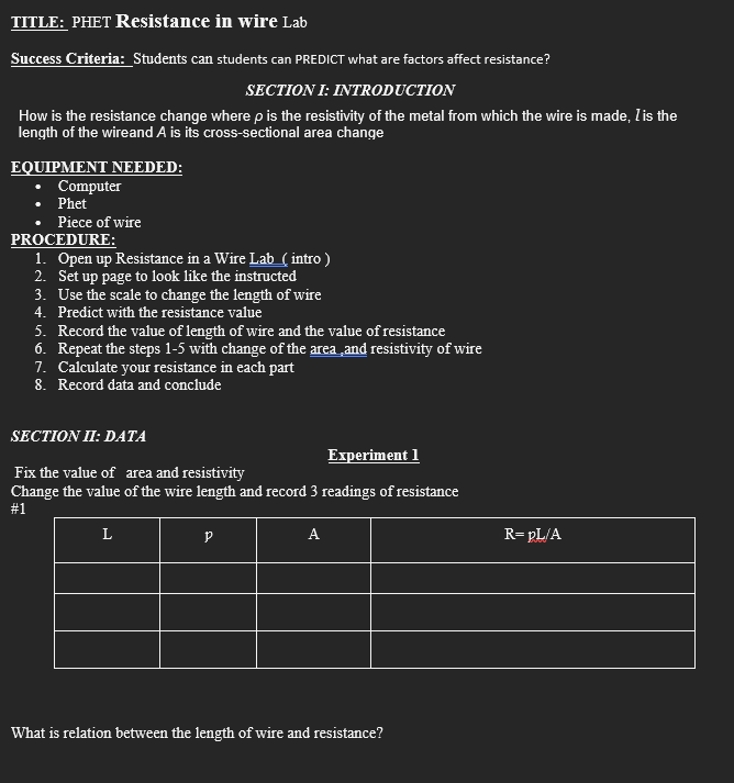 Use PHET "Resistance in wire Lab" Simulation to | Chegg.com