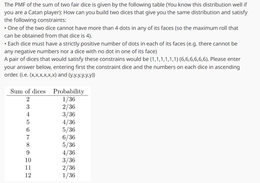 Solved The PMF of the sum of two fair dice is given by the | Chegg.com