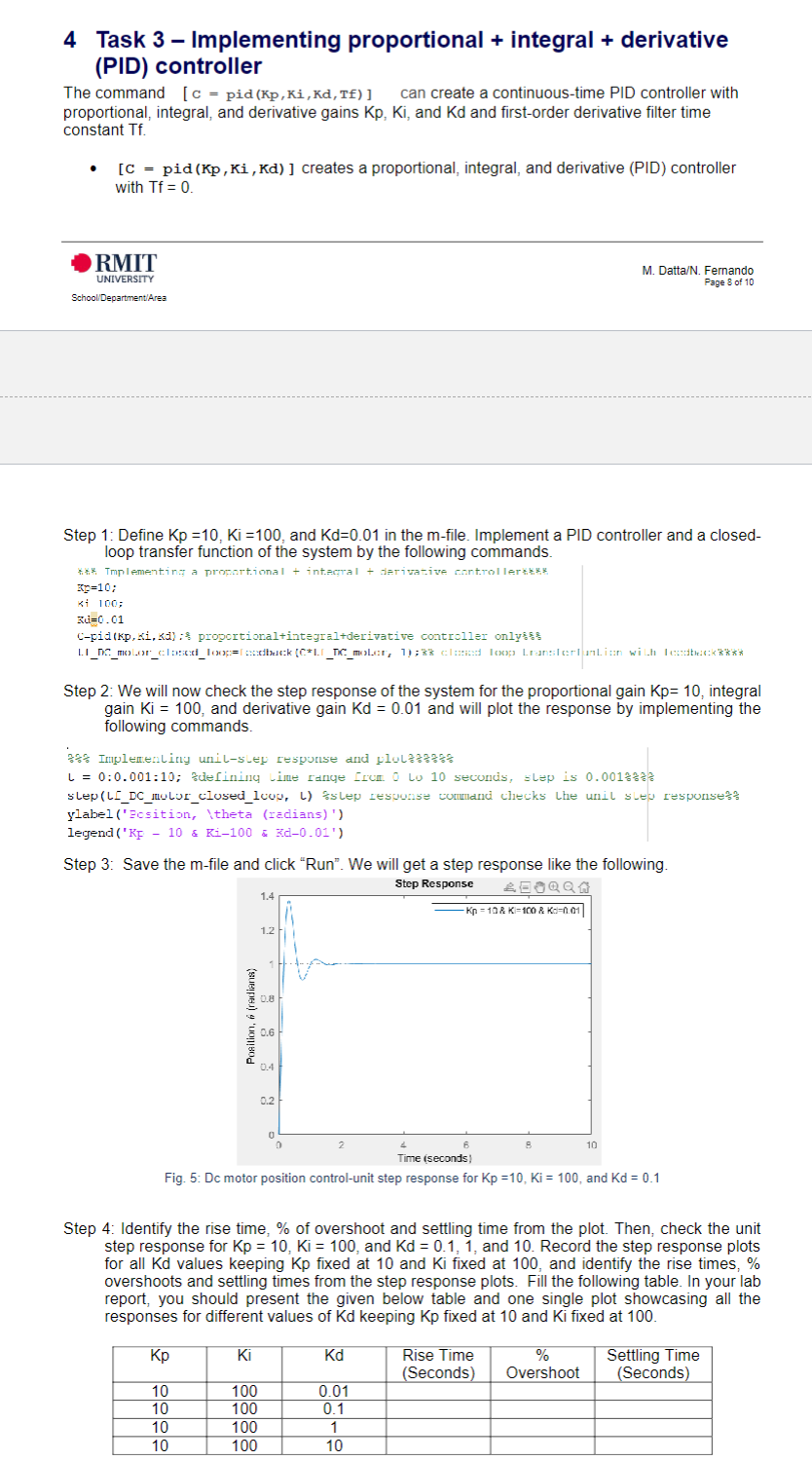 Solved Step 1: Define Kp=10,Ki=100, ﻿and Kd=0.01 ﻿in the m | Chegg.com