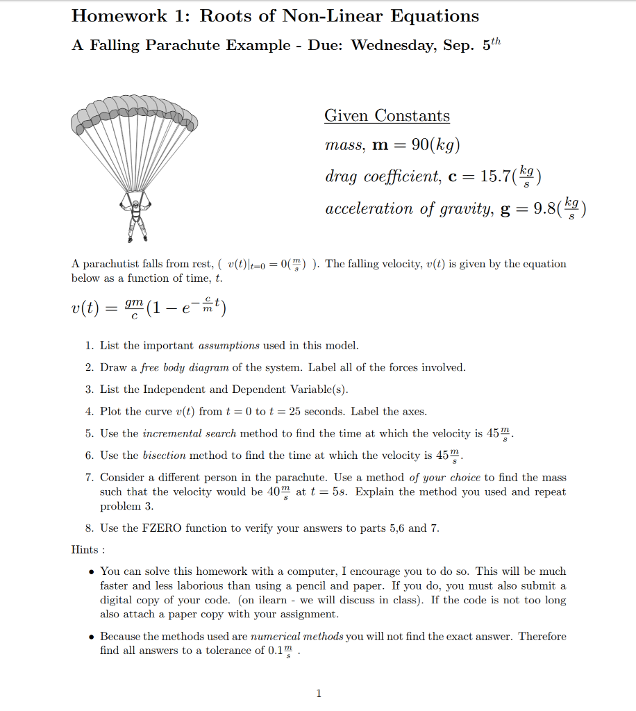 Solved Homework 1: Roots of Non-Linear Equations A Falling | Chegg.com