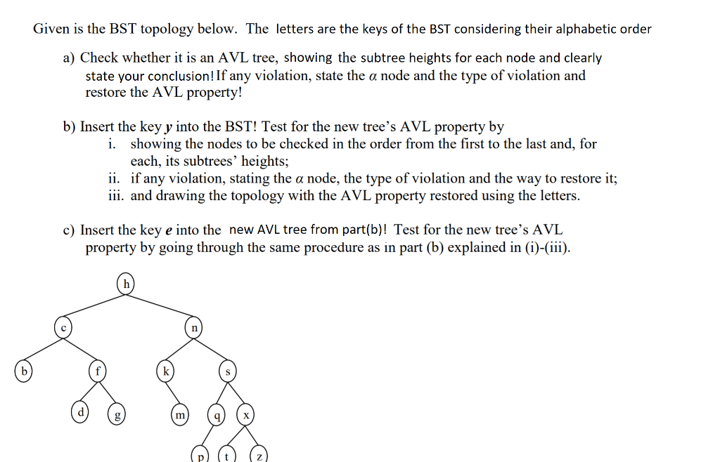 Solved Given is the BST topology below. The letters are the | Chegg.com