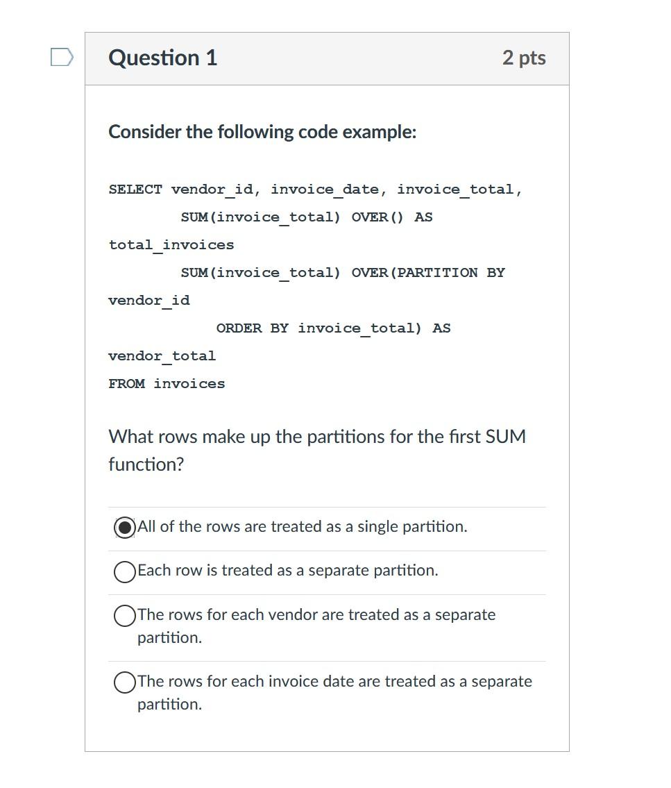 Solved Question 1 2 pts Consider the following code example: | Chegg.com